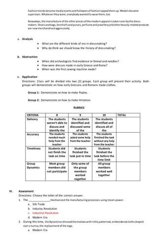 Semi Detailed lesson plan in TL.E. History of Dressmaking | PDF