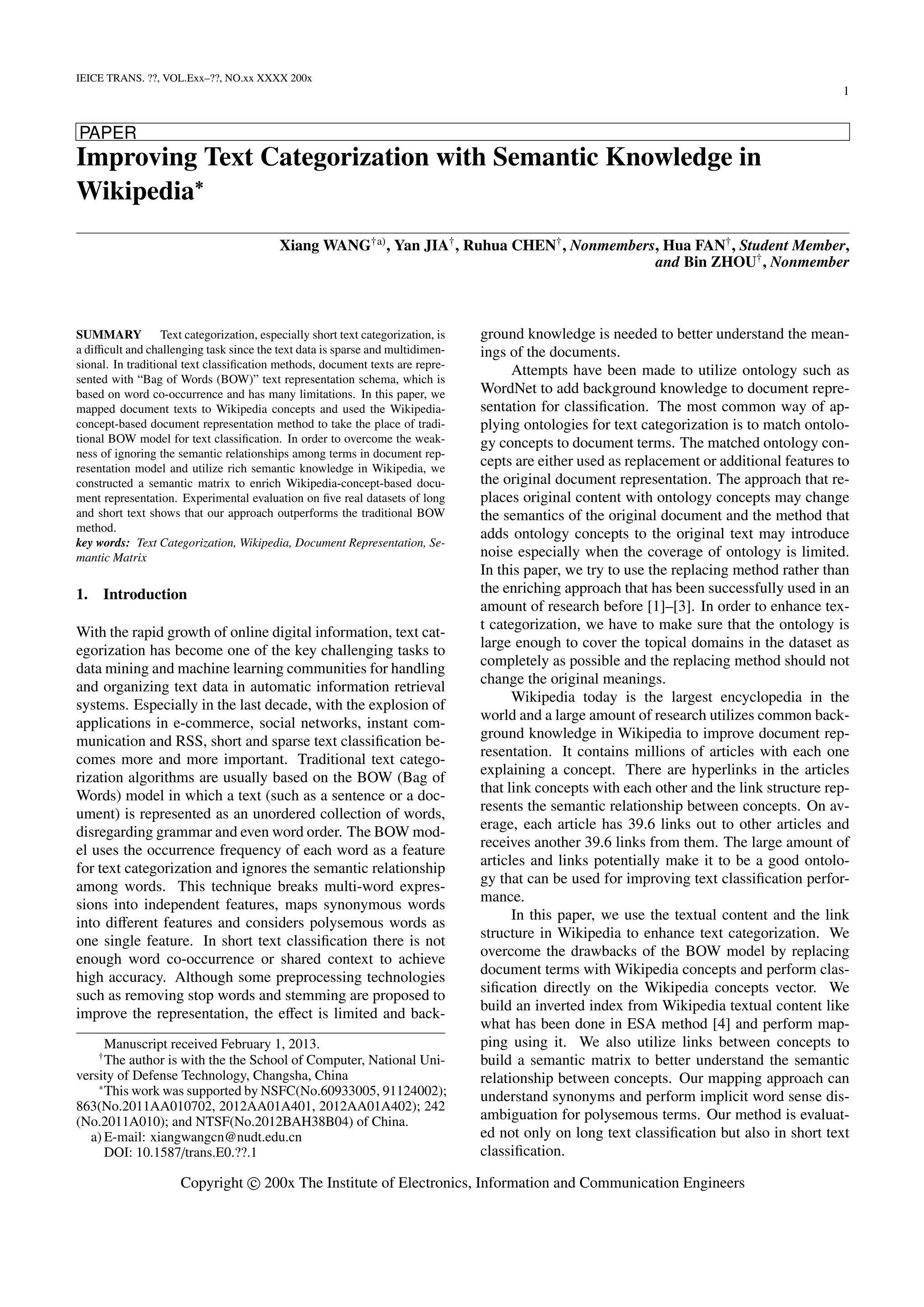 Improving Text Categorization with Semantic Knowledge in Wikipedia | PDF