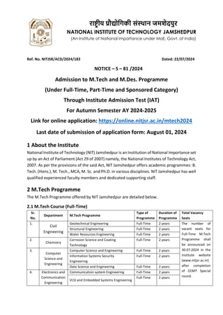 Revised Notice for Admission to M.Tech and M.Des. Programme (Under Full ...