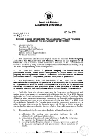 Revised signing authorities for administrative and financial matters in ...