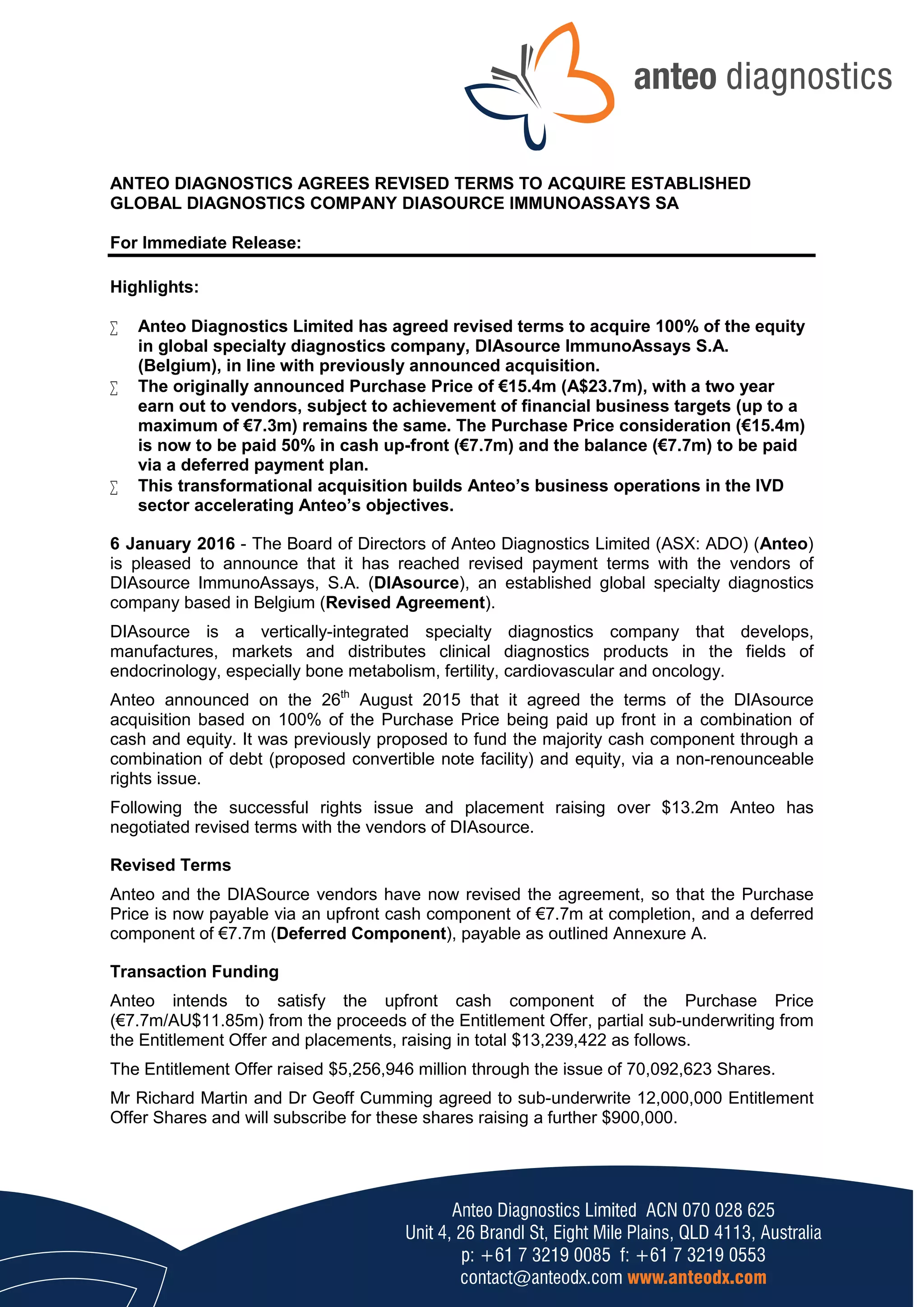 Anteo Diagnostics acquires Diasource | PDF