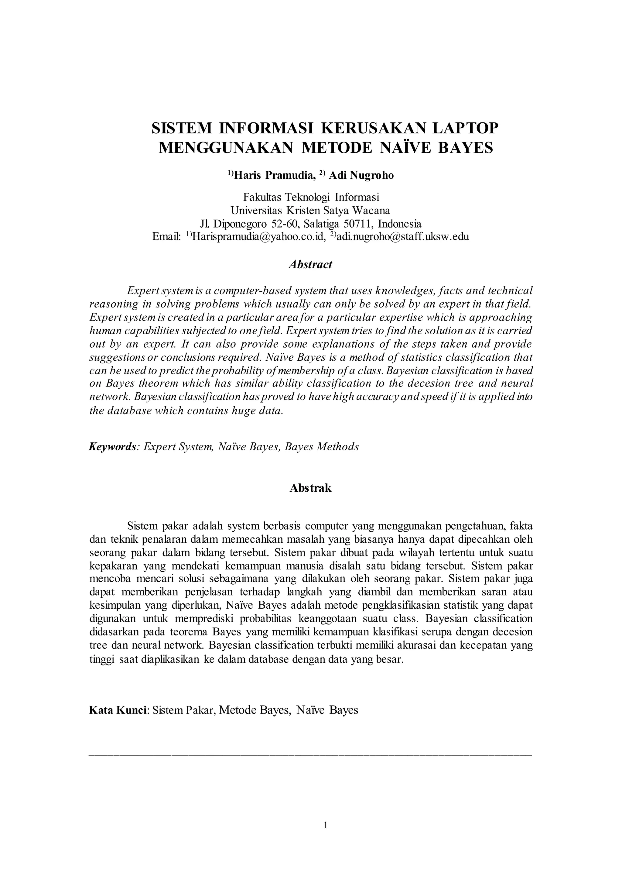SISTEM INFORMASI KERUSAKAN LAPTOP MENGGUNAKAN METODE NAÏVE BAYES | DOCX
