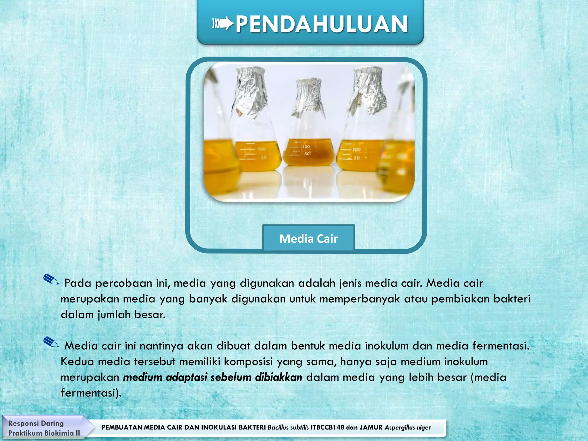 PEMBUATAN MEDIA CAIR & INOKULASI BAKTERI Bacillus Subtilis ITBCCB148 ...