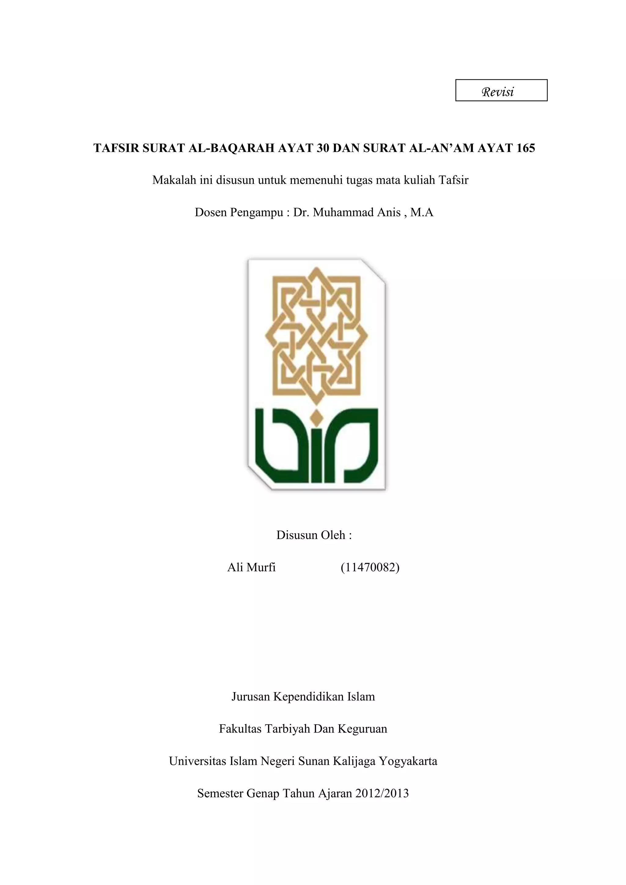 Tafsir Surat Al-Baqarah ayat 30 dan Surat Al-An'am ayat 165 | DOCX