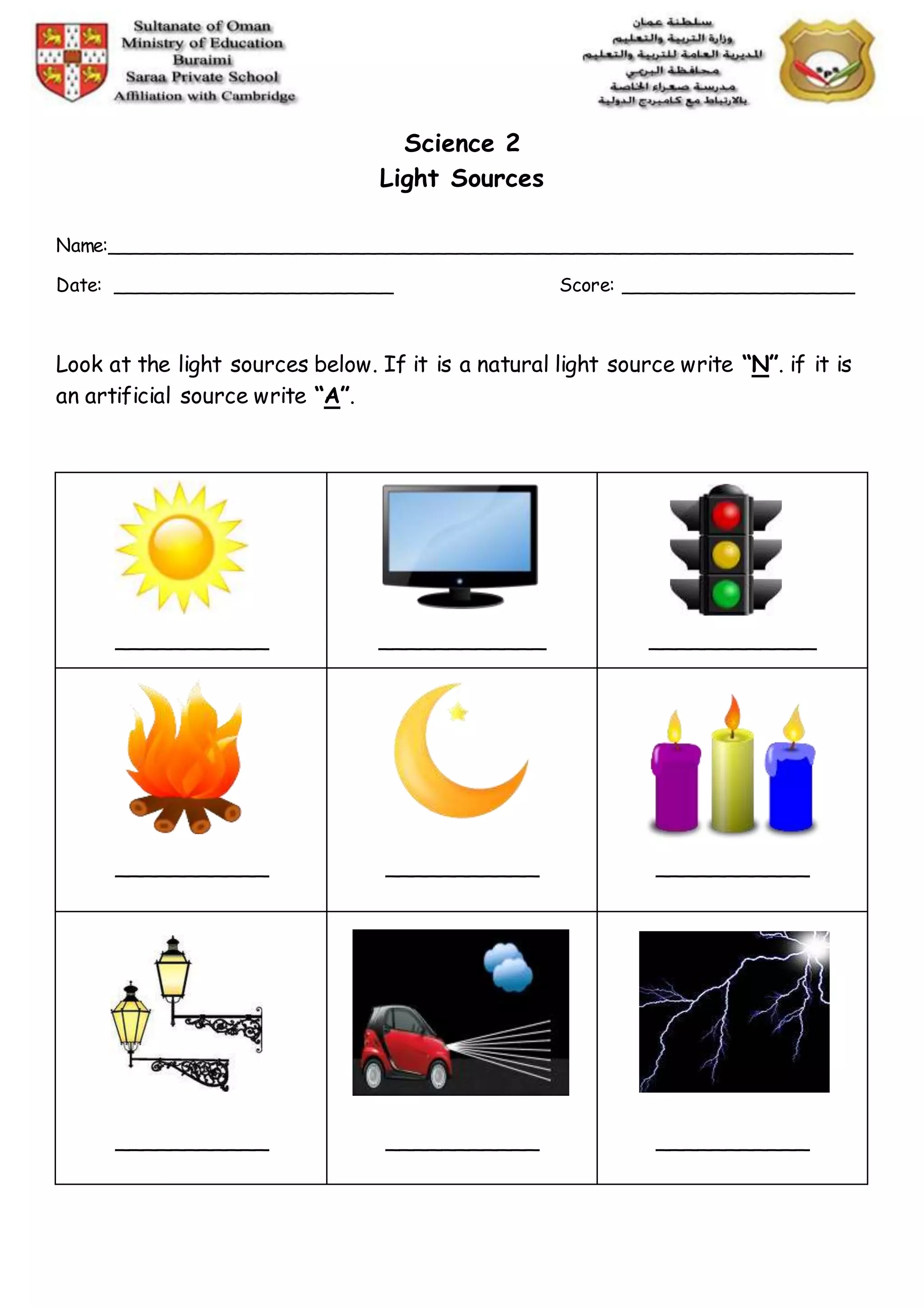 Light sources worksheet | DOCX