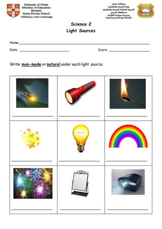 Light sources worksheet 2 | DOCX