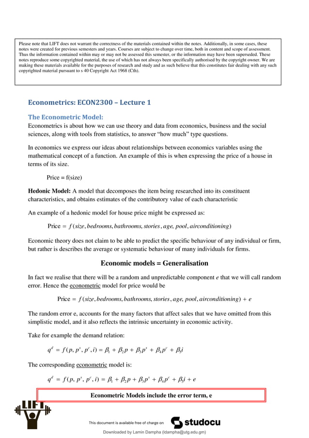 Revision Notes Introductory Econometrics Lecture 1 11 Pdf