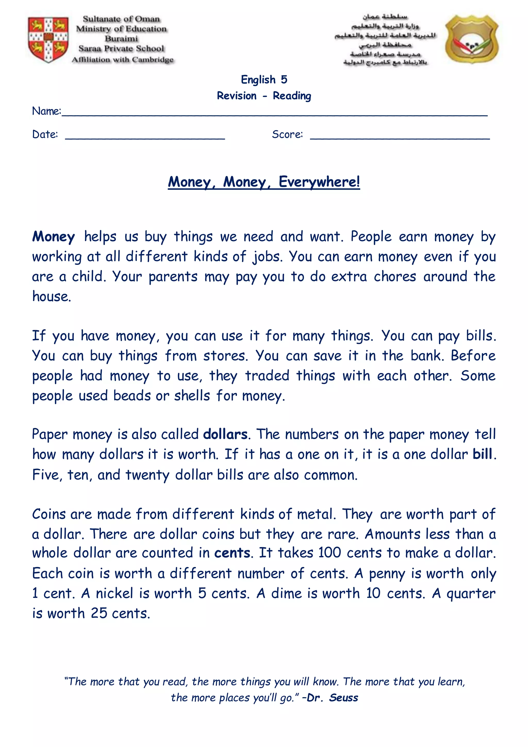 Reading: Money, Money, Everywhere! | DOCX