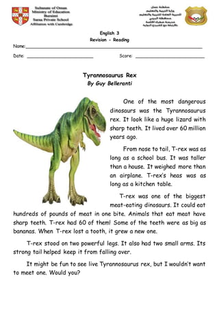 Reading worksheet - Revision (Tyrannosaurus Rex) | DOCX