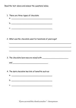 Reading worksheet (The wonders of chocolate) | DOCX