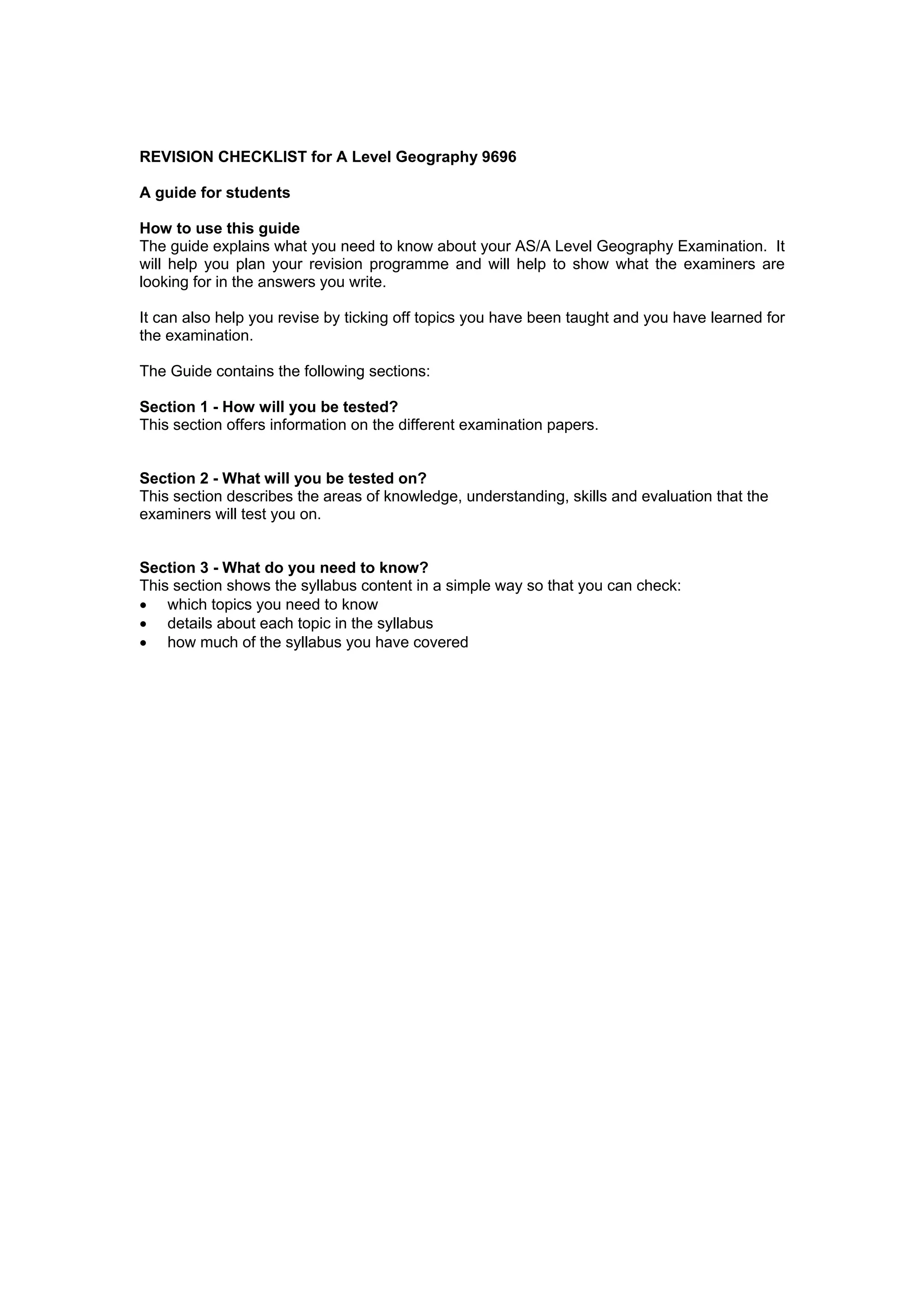 Revision checklist for A LEVEL GEOGRAPHY | PDF | Educational Assessment ...