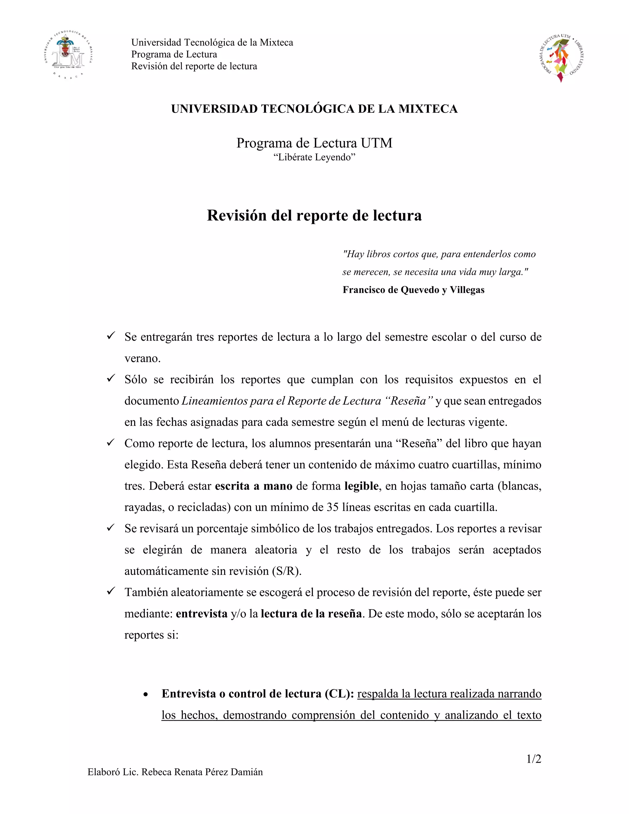 Revisión del reporte de lectura PLUTM | PDF