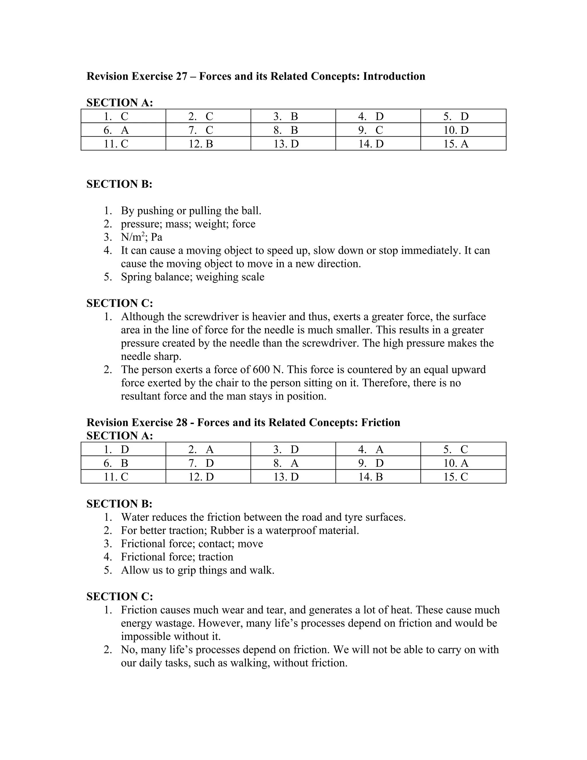 Revision exercises forces answers | DOC