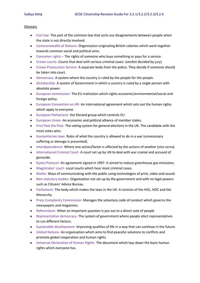 GCSE Citizenship Revision Notes- Year 10 | DOCX | Law