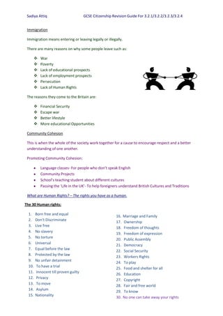GCSE Citizenship Revision Notes- Year 10 | DOCX