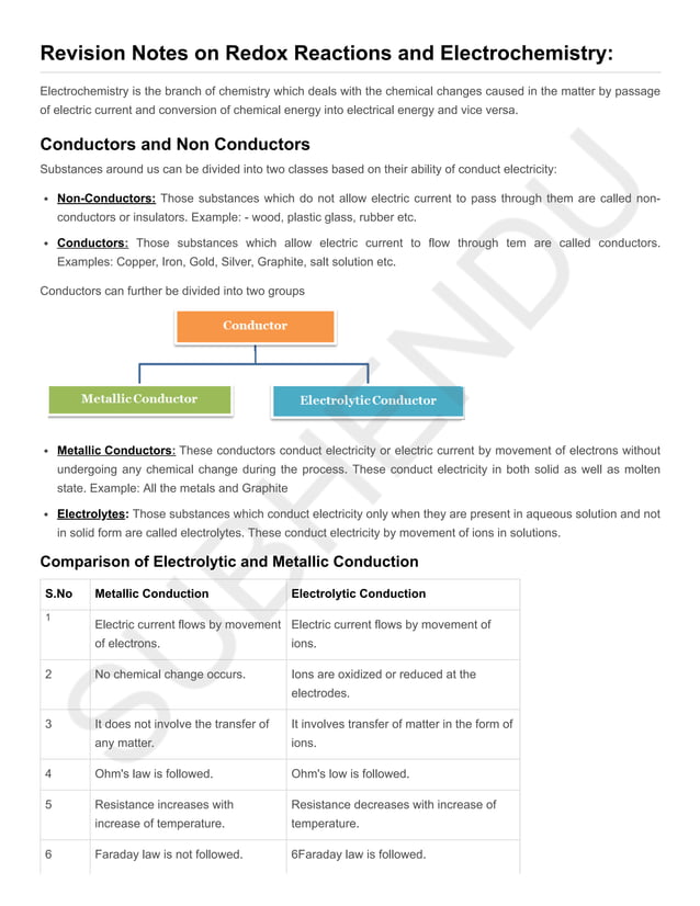 Revision notes on redox reactions and electrochemistry | PDF