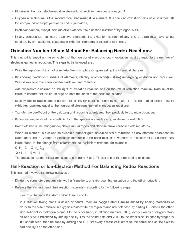 Revision notes on redox reactions and electrochemistry | PDF