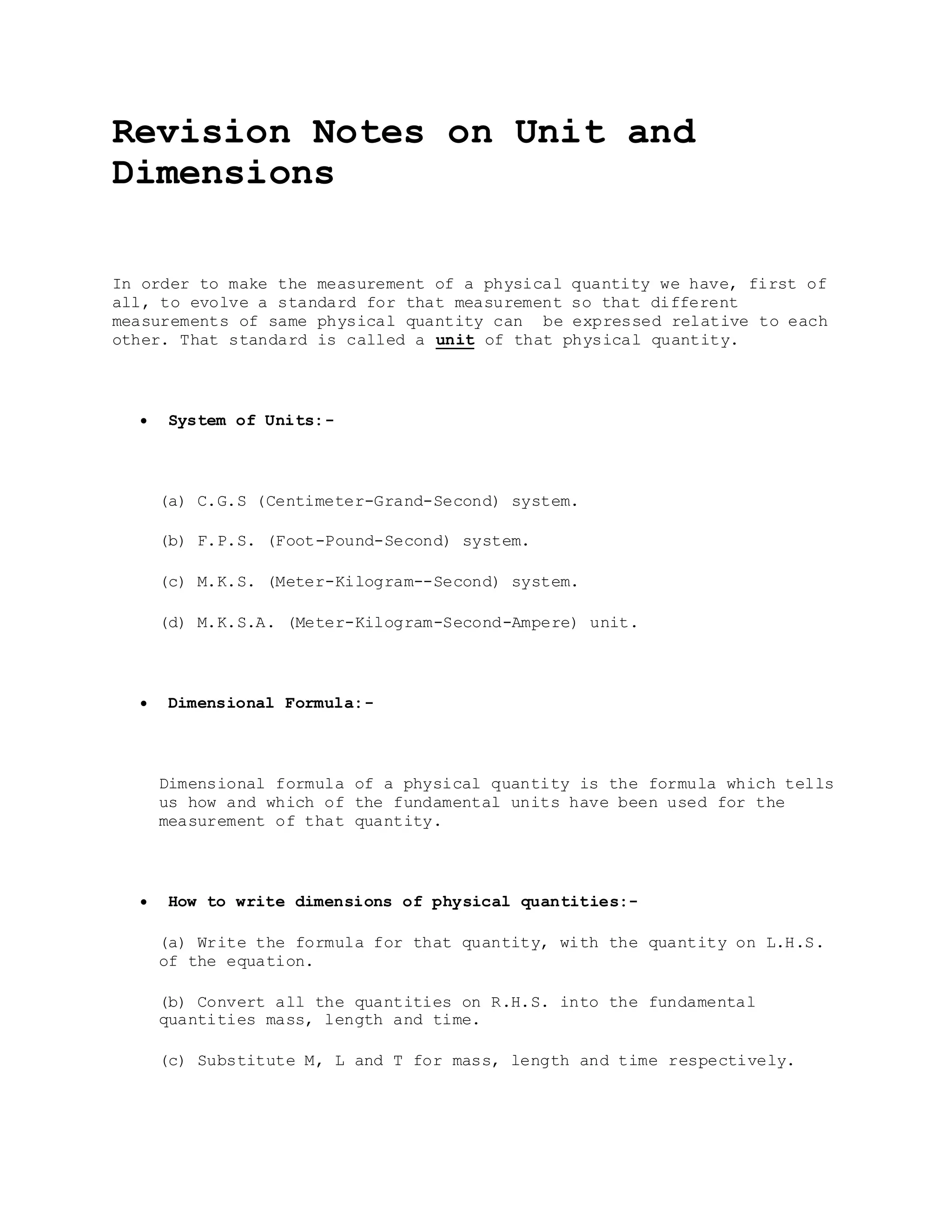 Revision notes on unit and dimensions | DOCX | Physics | Science