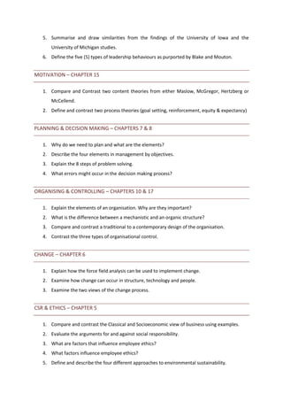 Intro to Management Revision Questions | DOCX