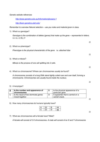 Revision sheet genetics answered blog | PDF