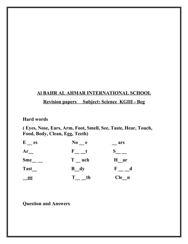 Revision sheet grade kg3 | DOC | Homework and Study | Education