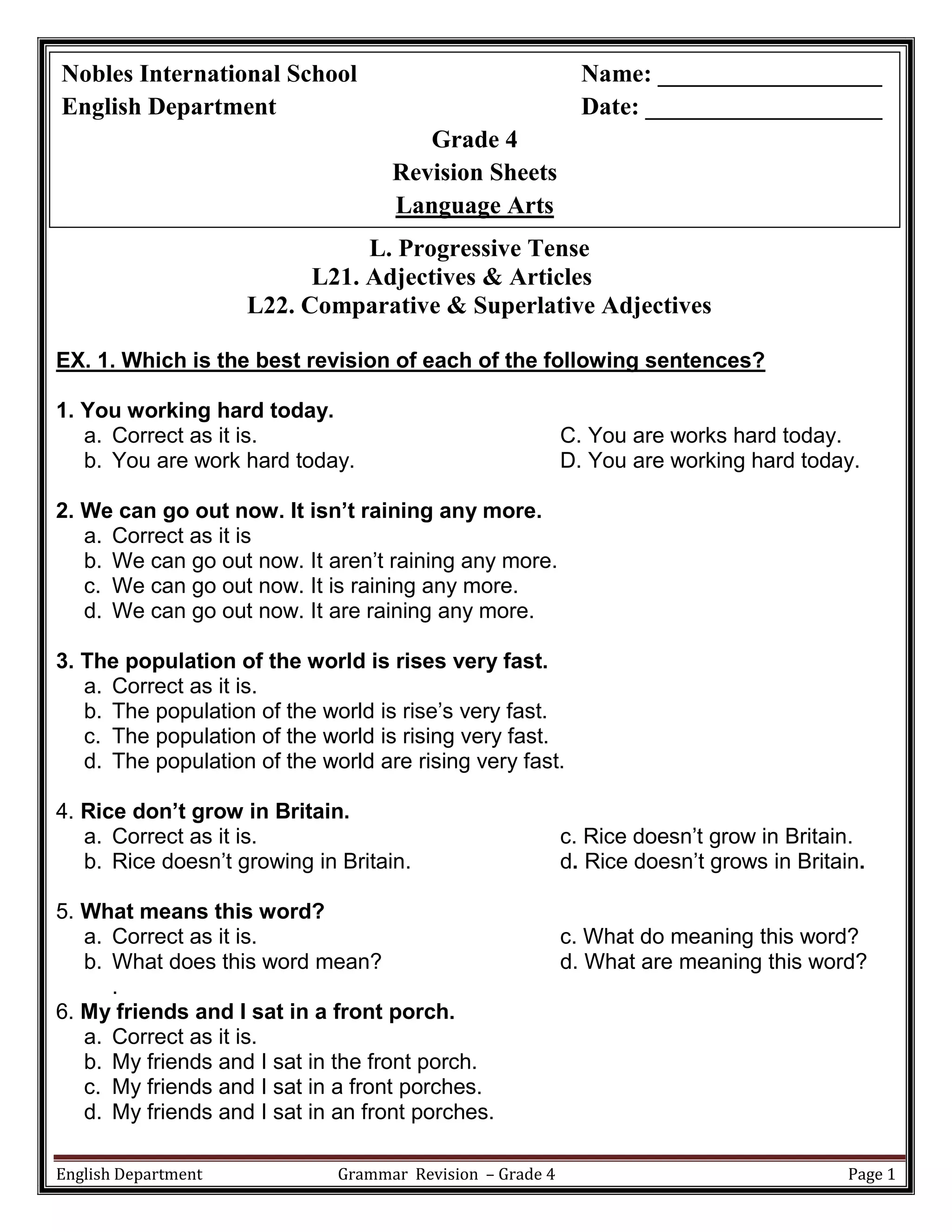 Revision sheets Language Arts | PDF