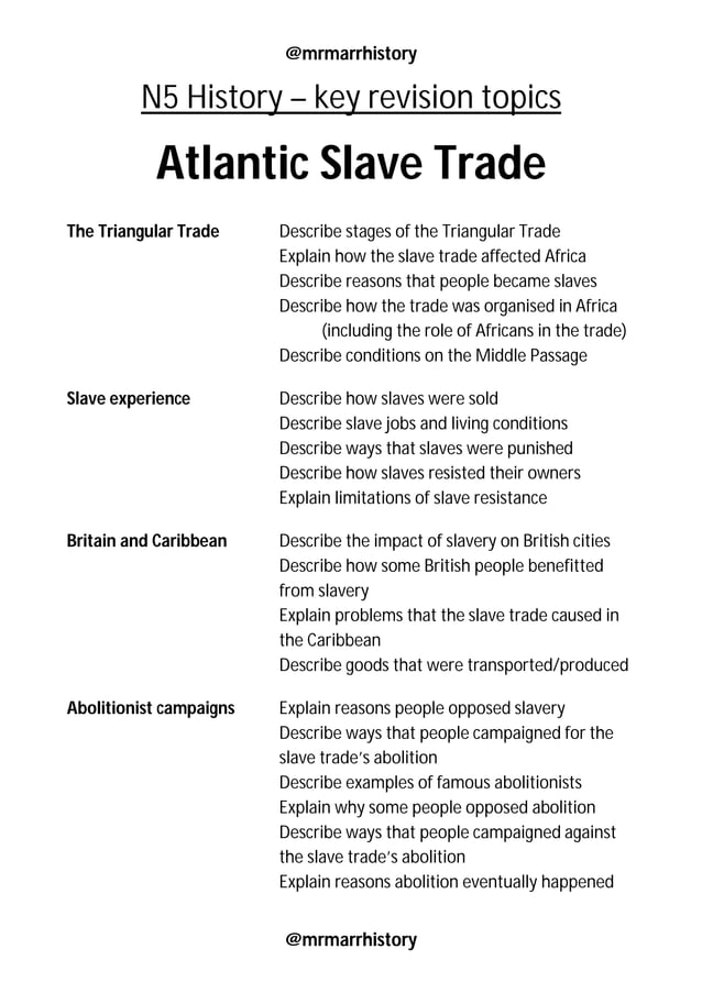 N5 History revision topics - Atlantic Slave Trade | PDF