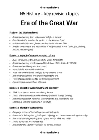 N5 History revision topics - Era of the Great War | PDF