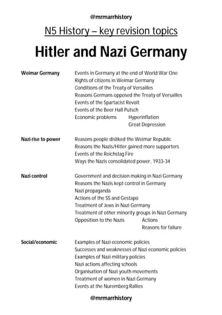 N5 History revision topics - Hitler and Nazi Germany | PDF