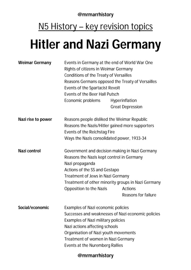 N5 History revision topics - Hitler and Nazi Germany | PDF