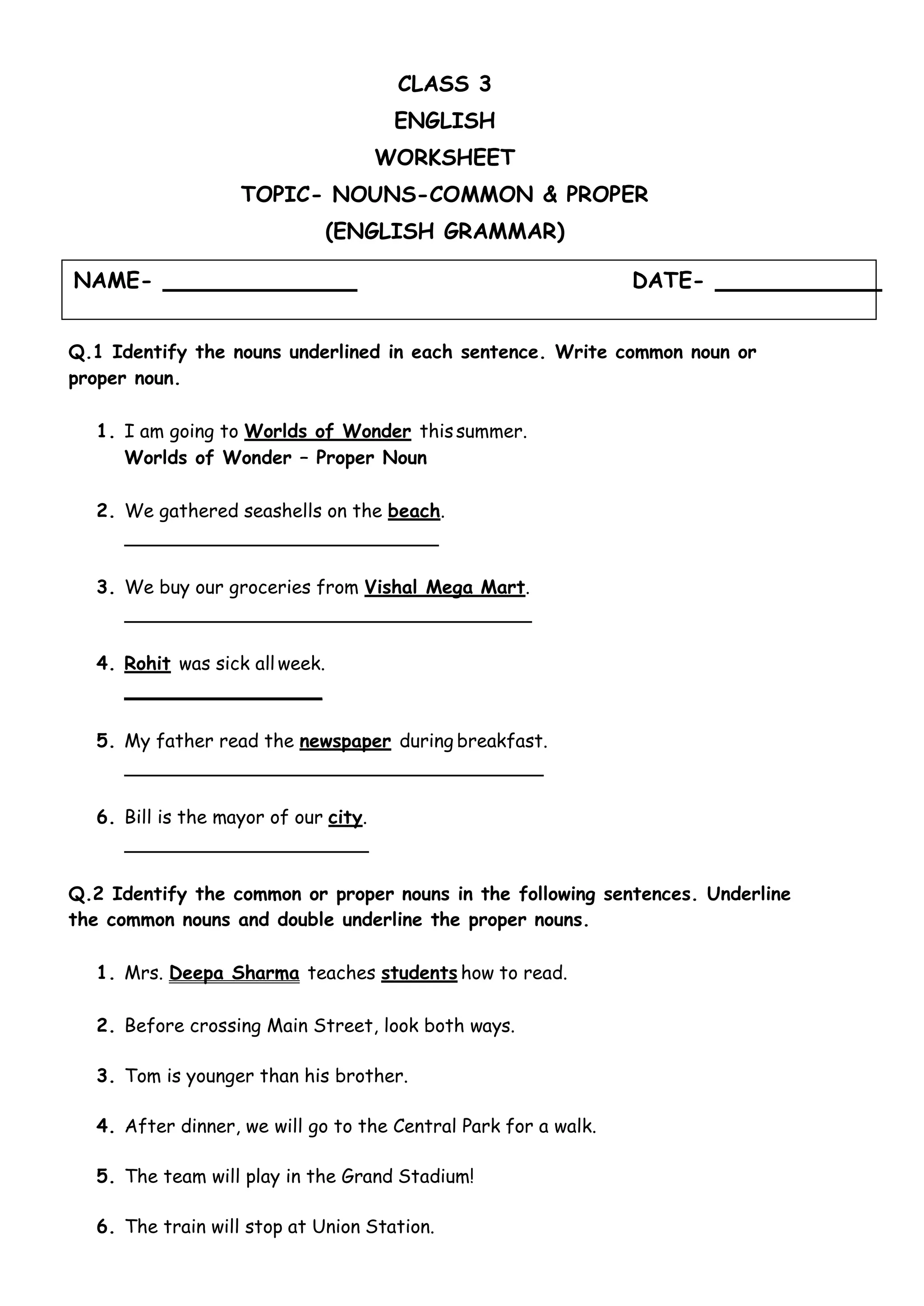 Class 3-English-Worksheet-Noun Common & Proper (English Grammar) | PDF