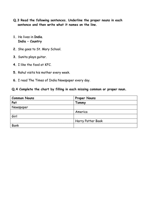 Class 3-English-Worksheet-Noun Common & Proper (English Grammar) | PDF