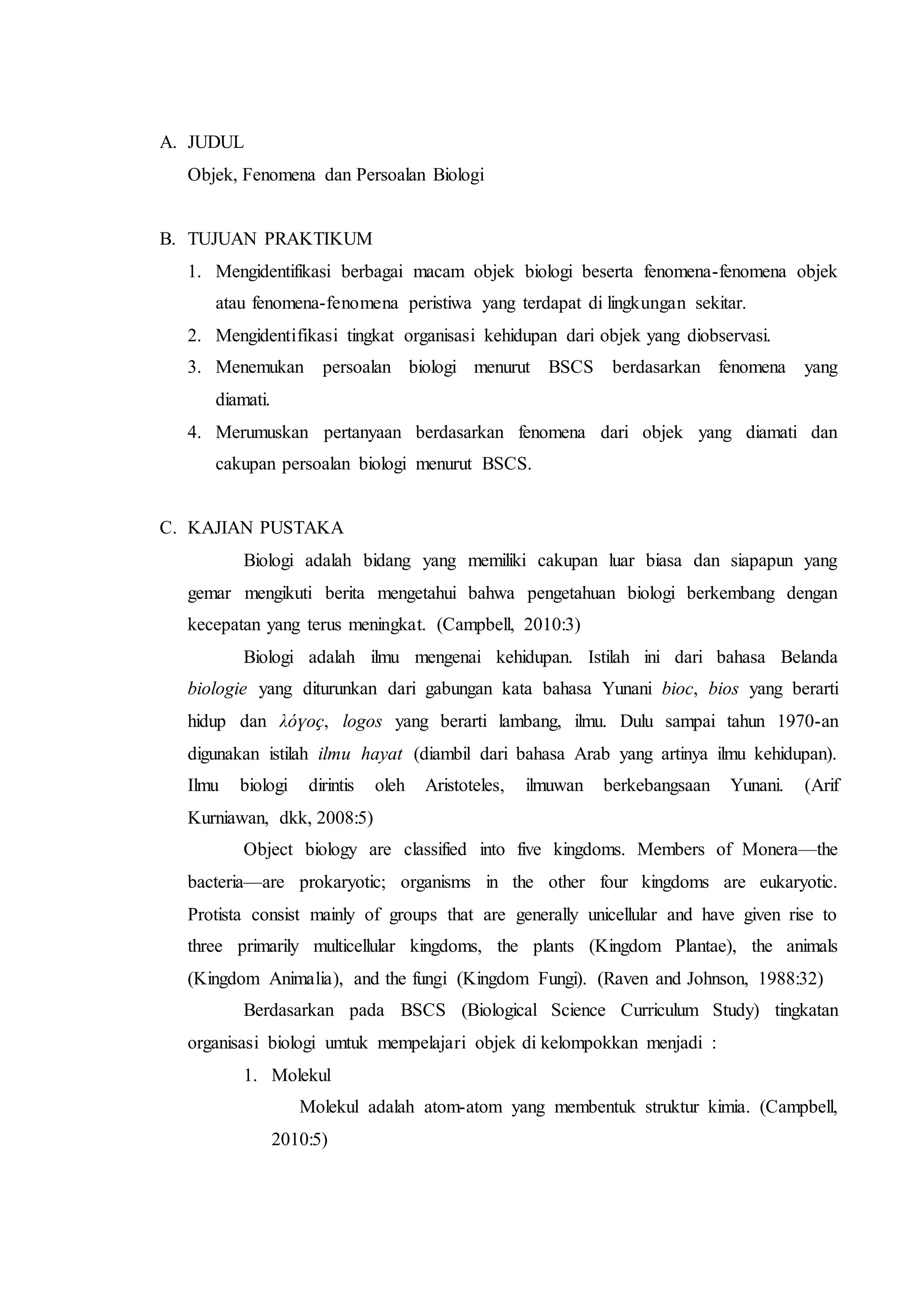 Laporan Praktikum Objek, Fenomena dan Persoalan Biologi | DOCX