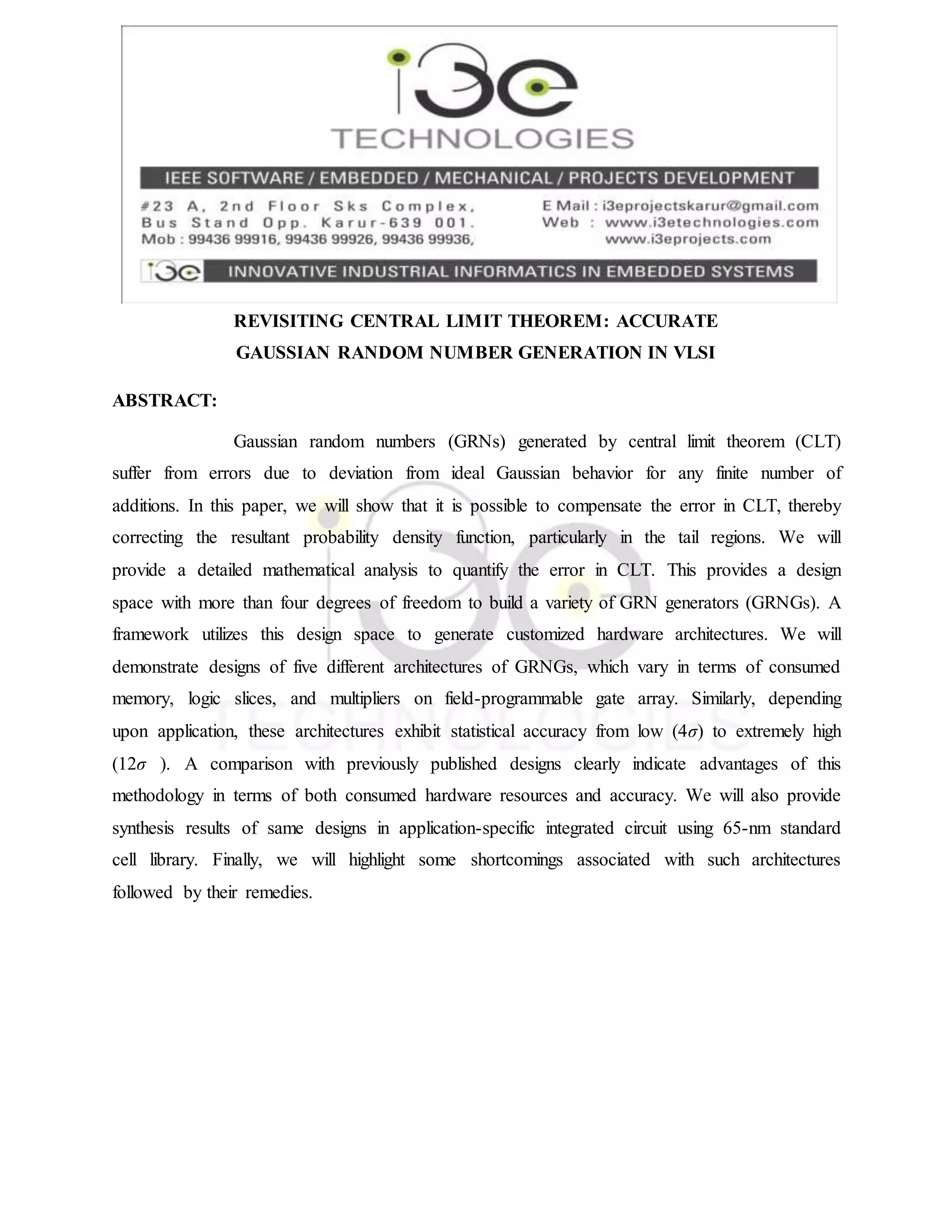 Revisiting Central Limit Theorem Accurate Gaussian Random Number Generation In Vlsi Pdf