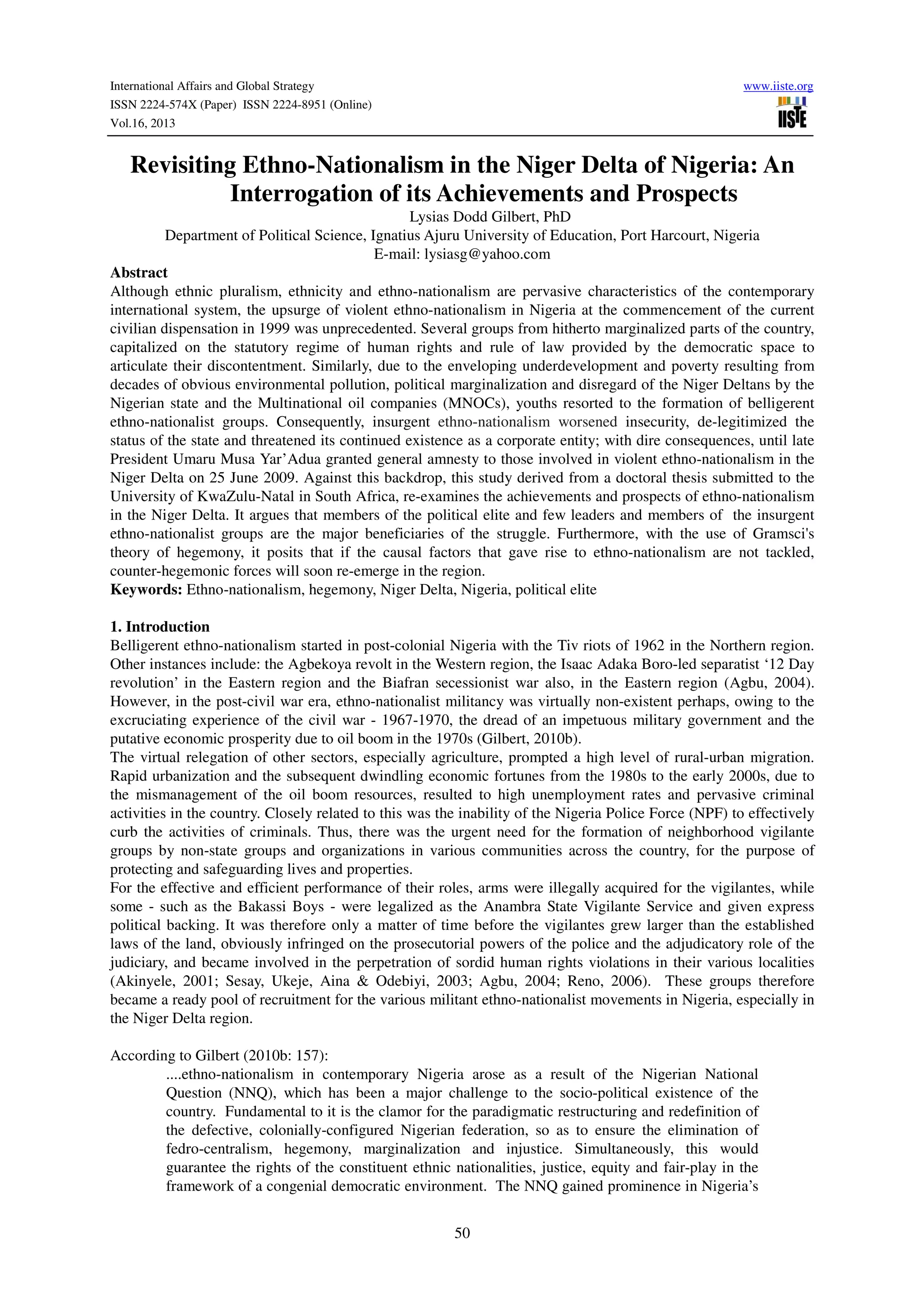 Revisiting ethno nationalism in the niger delta of nigeria | PDF