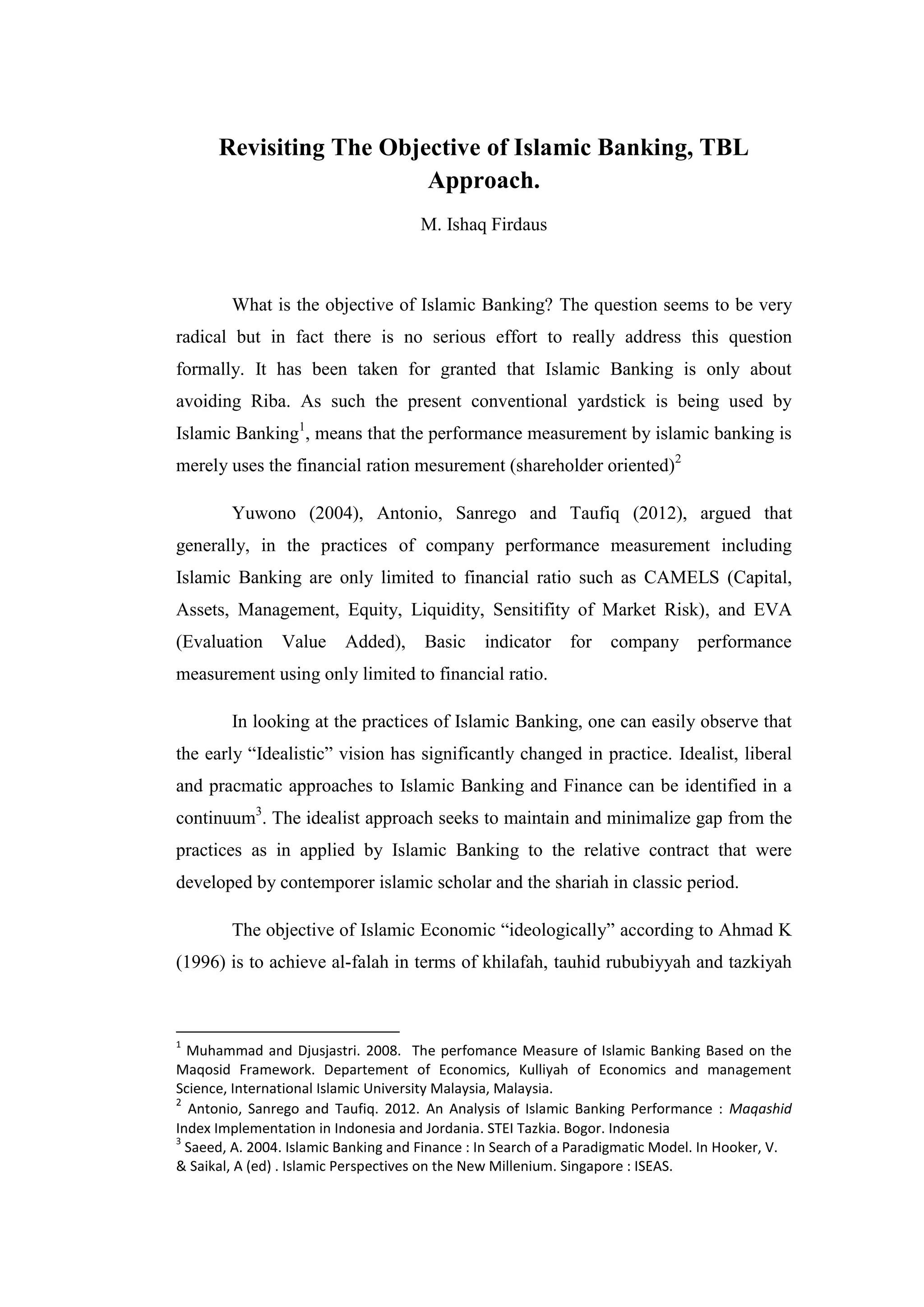 Revisiting the objective of islamic banking, tbl approach. | PDF