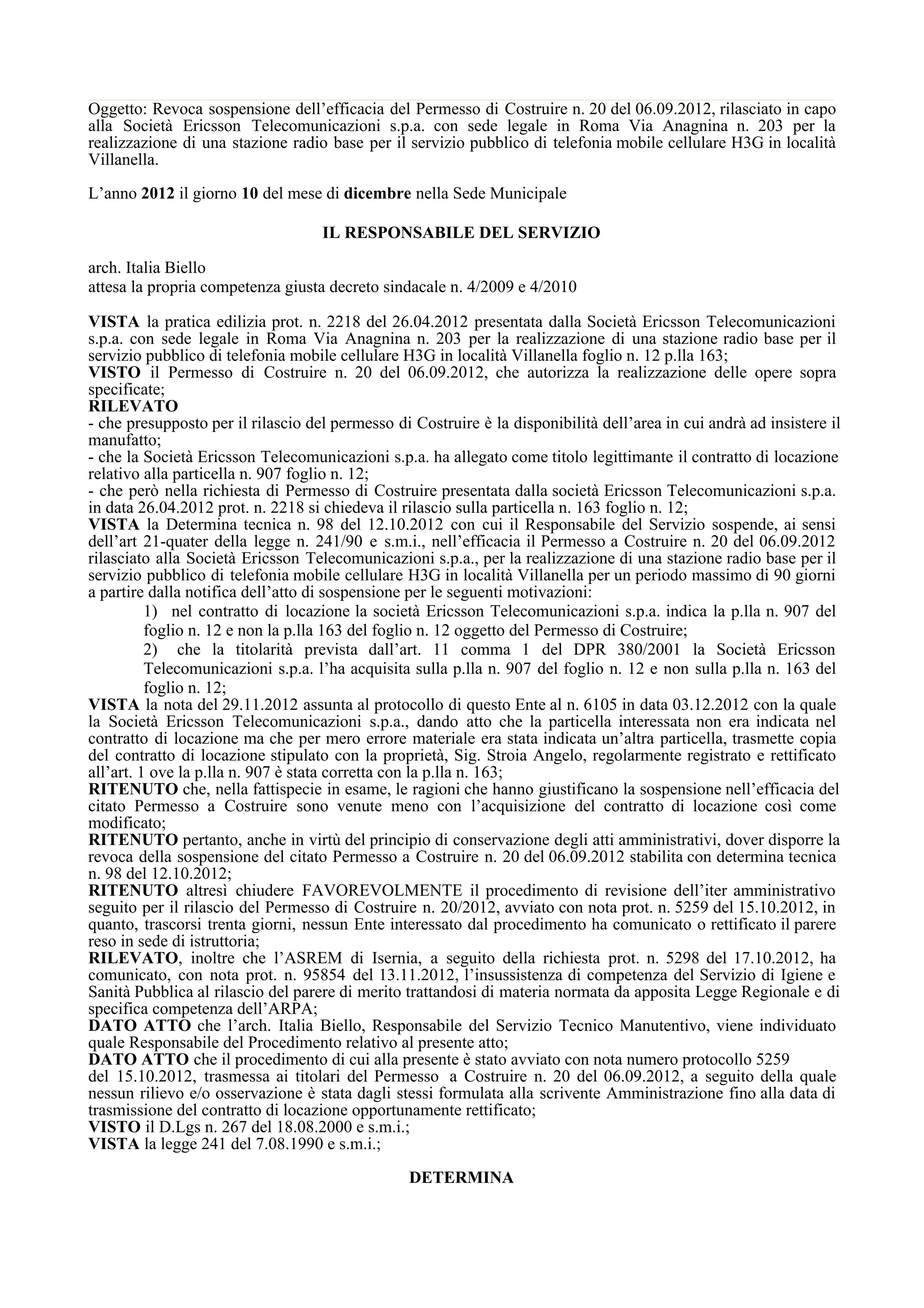 Revoca Sospensione Permesso a Costruire n. 20 | PDF