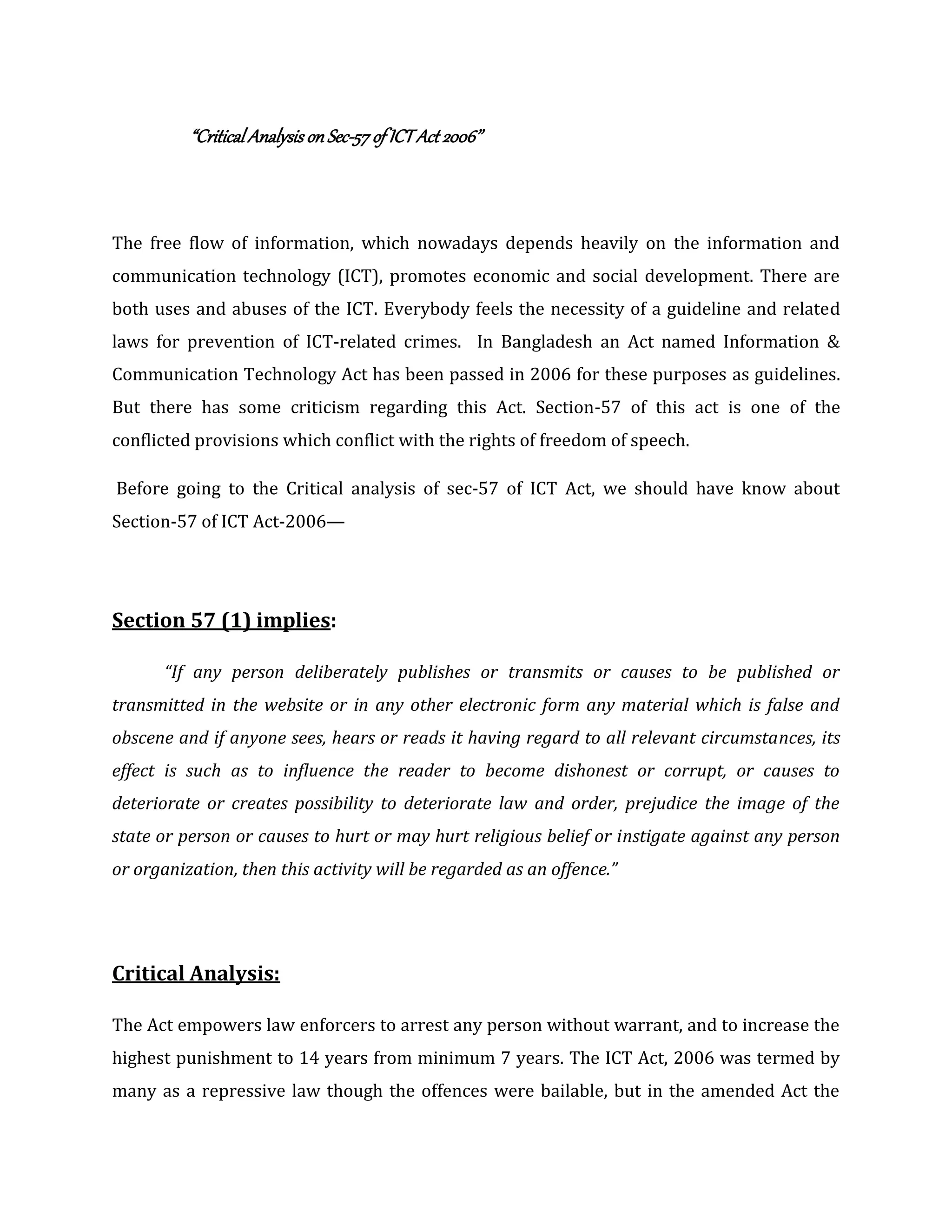 Critical Analysis on Sec-57 of ICT Act 2006’’ | DOCX