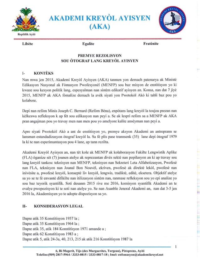 Premye rezolisyon sou òtograf kreyòl ayisyen an | PDF