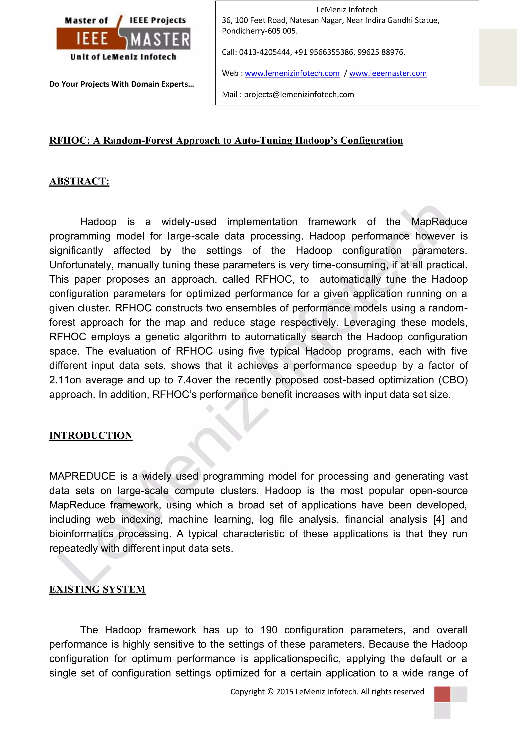 Rfhoc a random forest approach to auto-tuning hadoop’s configuration | PDF