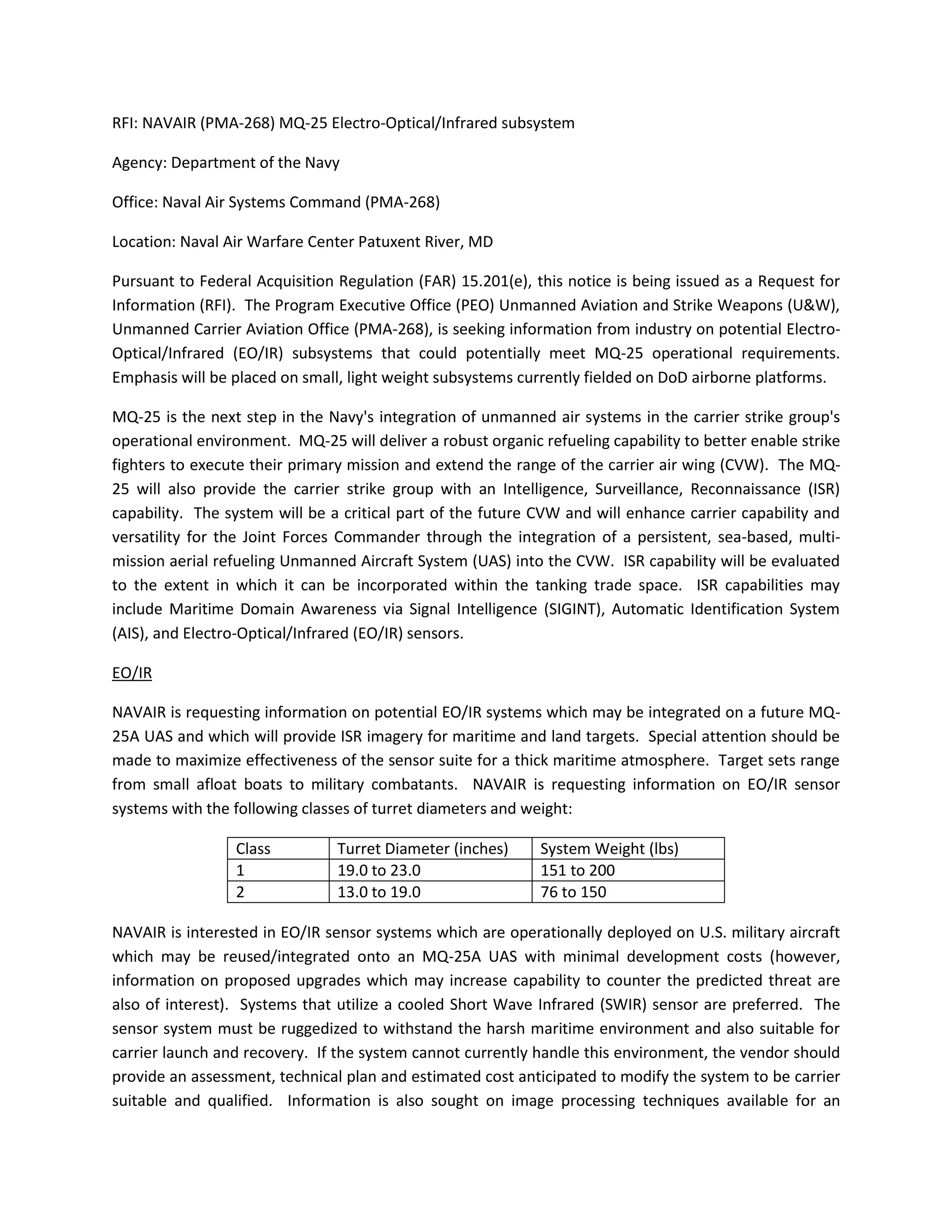 RFI for the MQ-25 Stingray CBARS EO/IR system | PDF