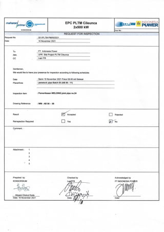 RFI No. 001-PLTM-PM-XI-2021 - Inspeksi Pemeriksaan FIT-UP Joint Pipa no ...