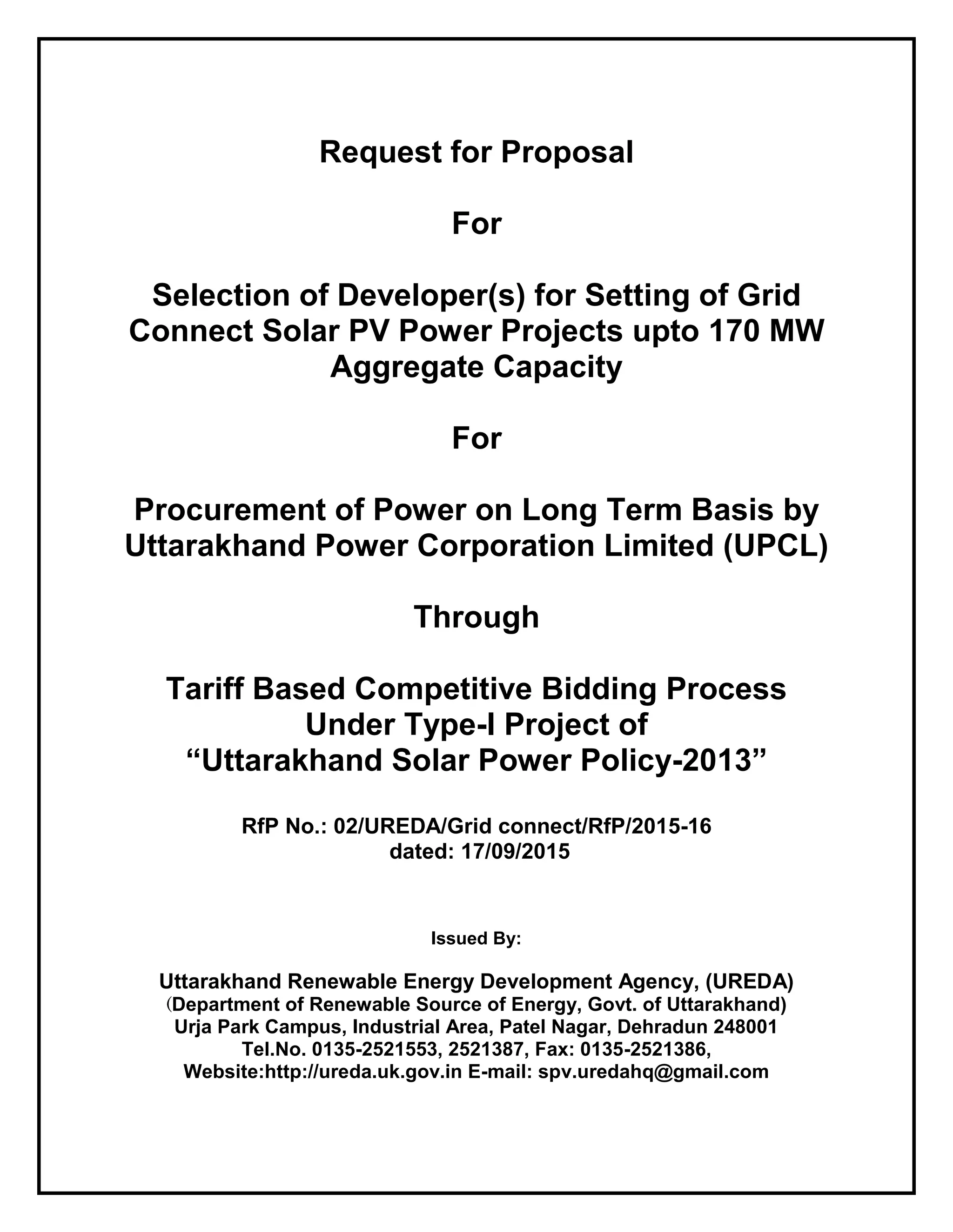 Rfp for tariff based competitive bidding for upto 170 mw solar power ...
