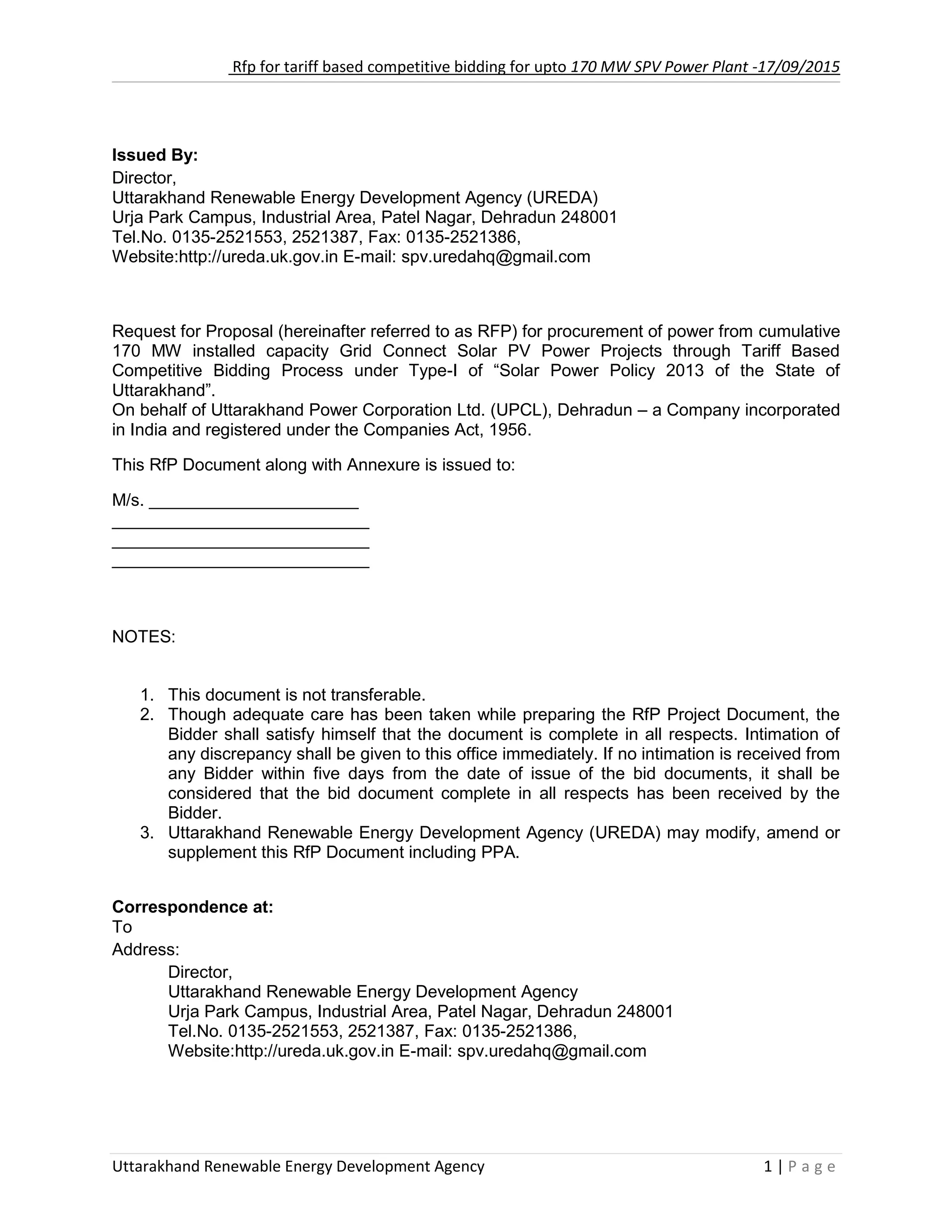 Rfp for tariff based competitive bidding for upto 170 mw solar power ...