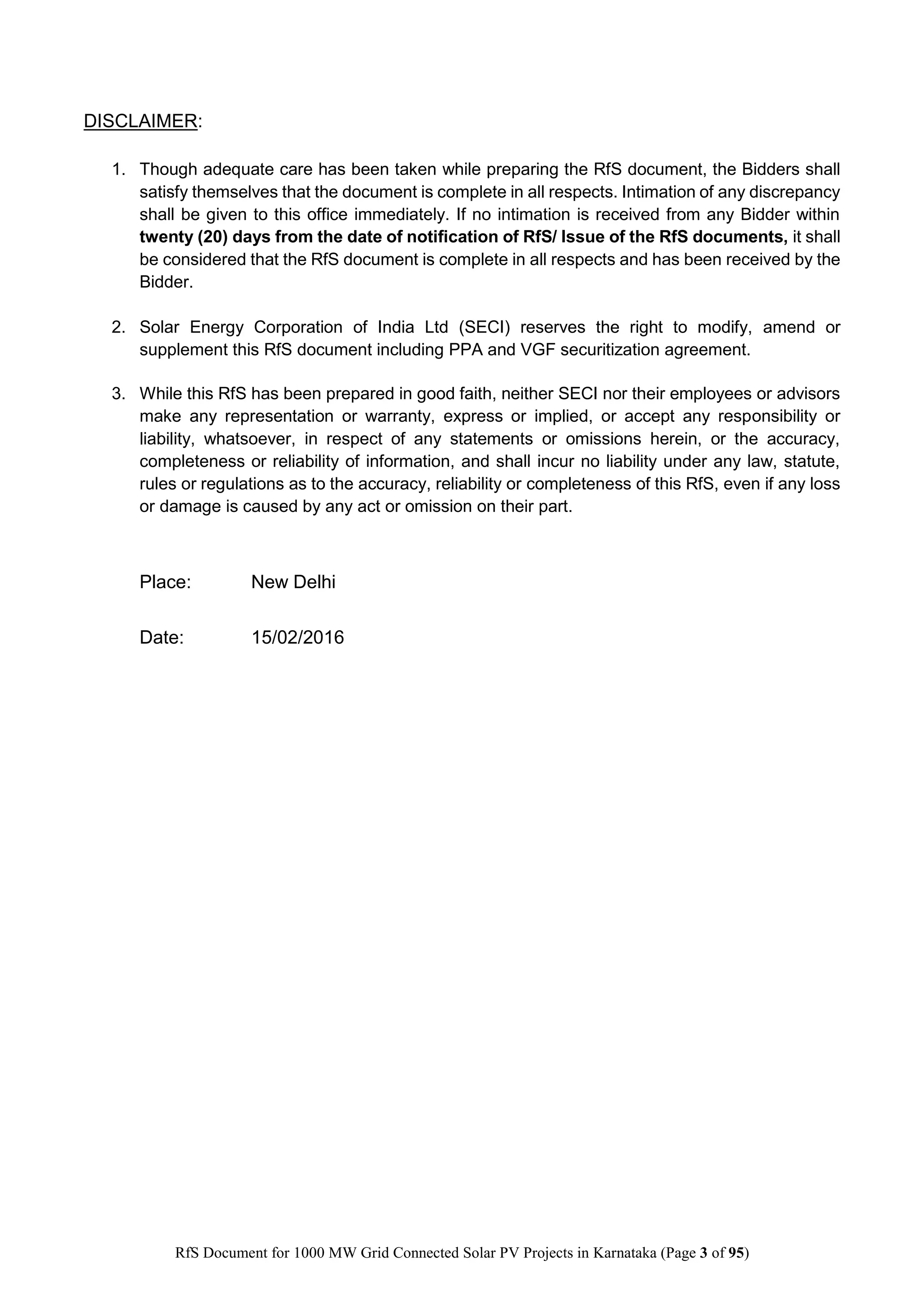 RfP FOR 1000 MW SOLAR PV POWER PROJECTS UNDER JNNSM PHASE II BATCH-III ...