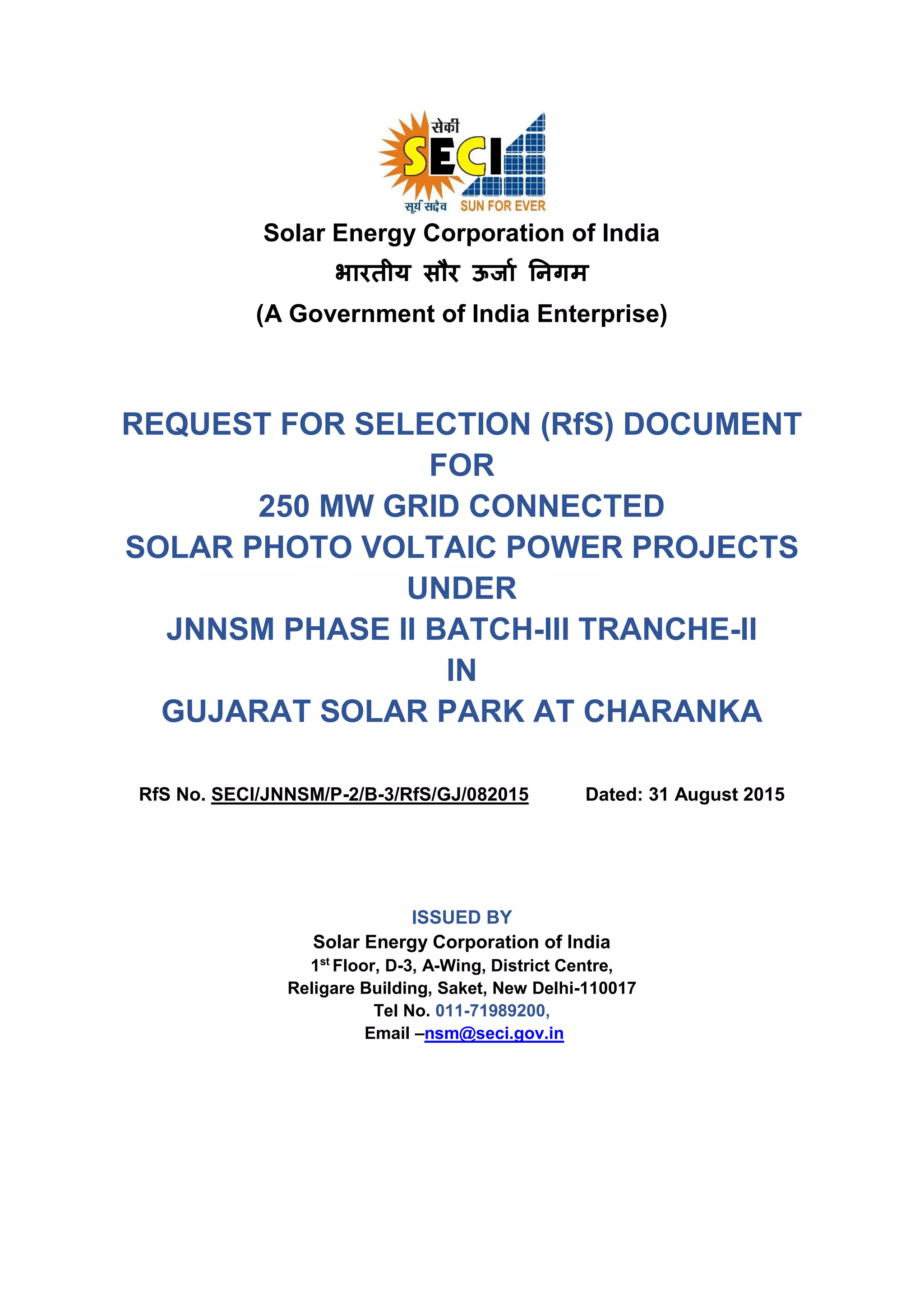 250 MW GRID CONNECTED SOLAR PV POWER PROJECTS UNDER JNNSM PHASE II ...
