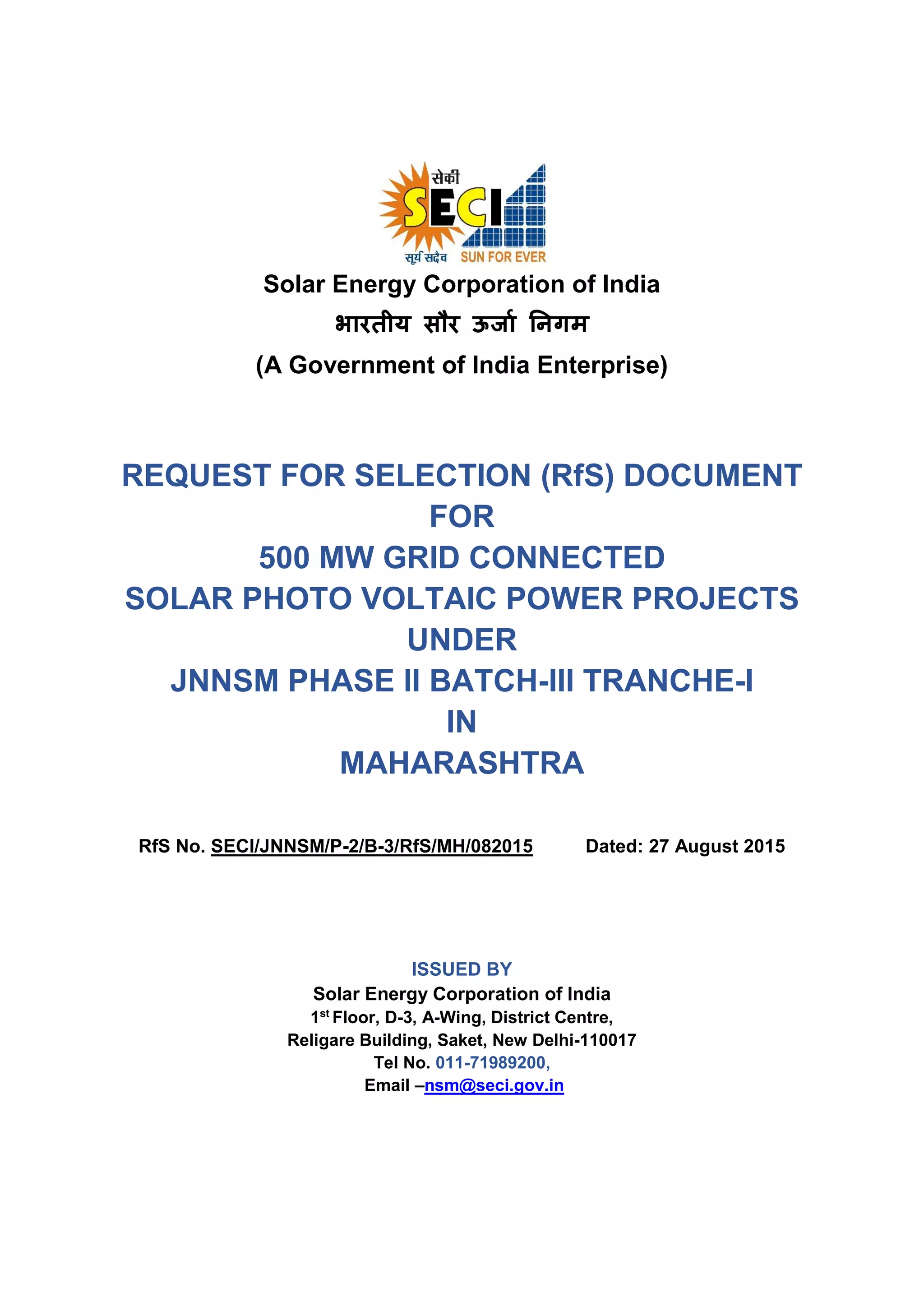 RfS for Selection of “500 MW Grid Connected Solar Power Projects in ...