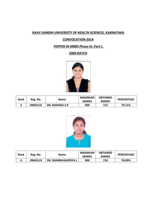 RGUHS Rank Holders Names and Marks - RRMCH | PDF