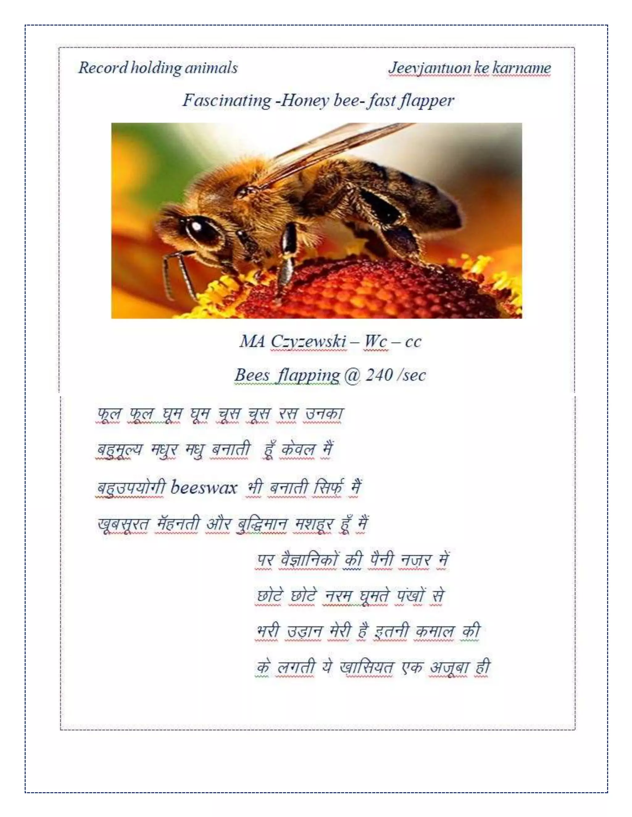 Record holding animals -Jeevjantuon ke karname- chapter 2 - fast flying insects - Honeybee | PDF