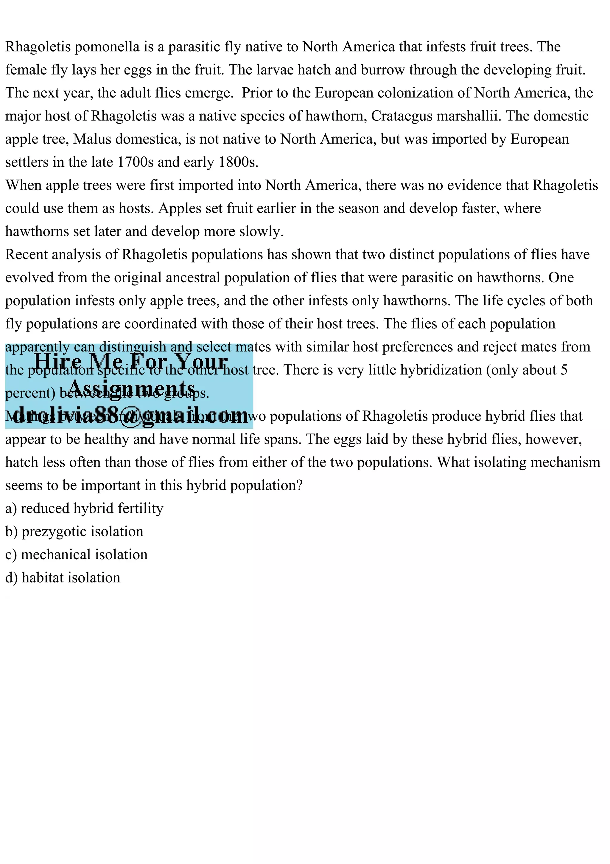 Rhagoletis pomonella is a parasitic fly native to North America that.pdf